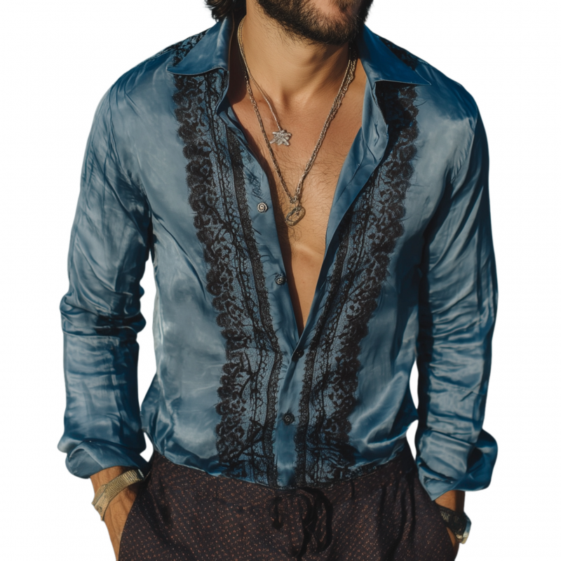 Men's Vintage Elegant Satin Lace Colorblock Patchwork Lapel Slim Fit L