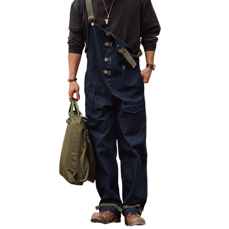Men's Loose Aircraft Buckle Chest Multi-pocket Denim Overalls MTA2056C