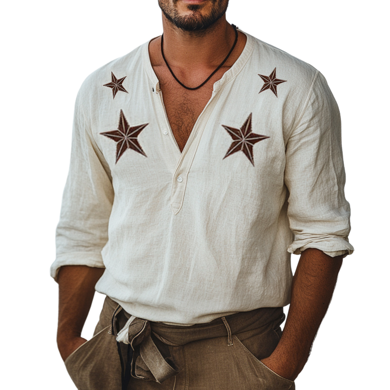 Men's Vintage Casual Star Embroidery Linen Henley Collar Long Sleeve S