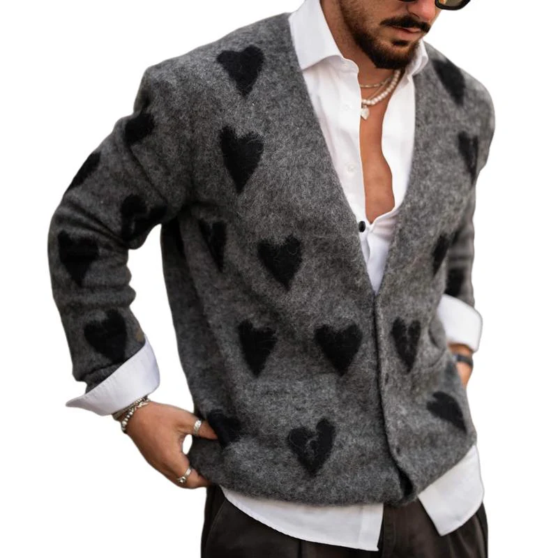 Men's Fashion Heart Graphic V Neck Single Breasted Knit Cardigan 01457