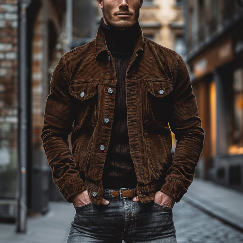Men's Vintage Corduroy Lapel Single Breasted Multi-Pocket Work Jacket ...