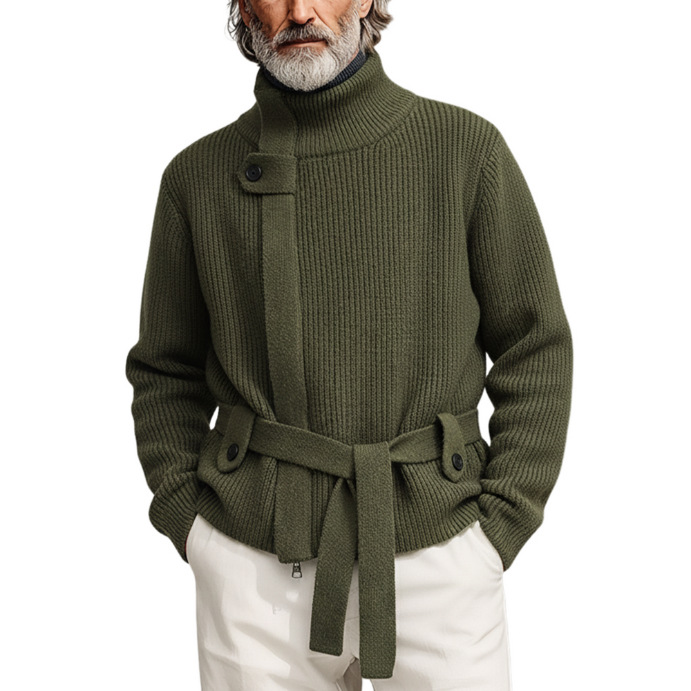 Men's Classic Casual Stand-up Collar Zip-up Knit Cardigan (belt Includ