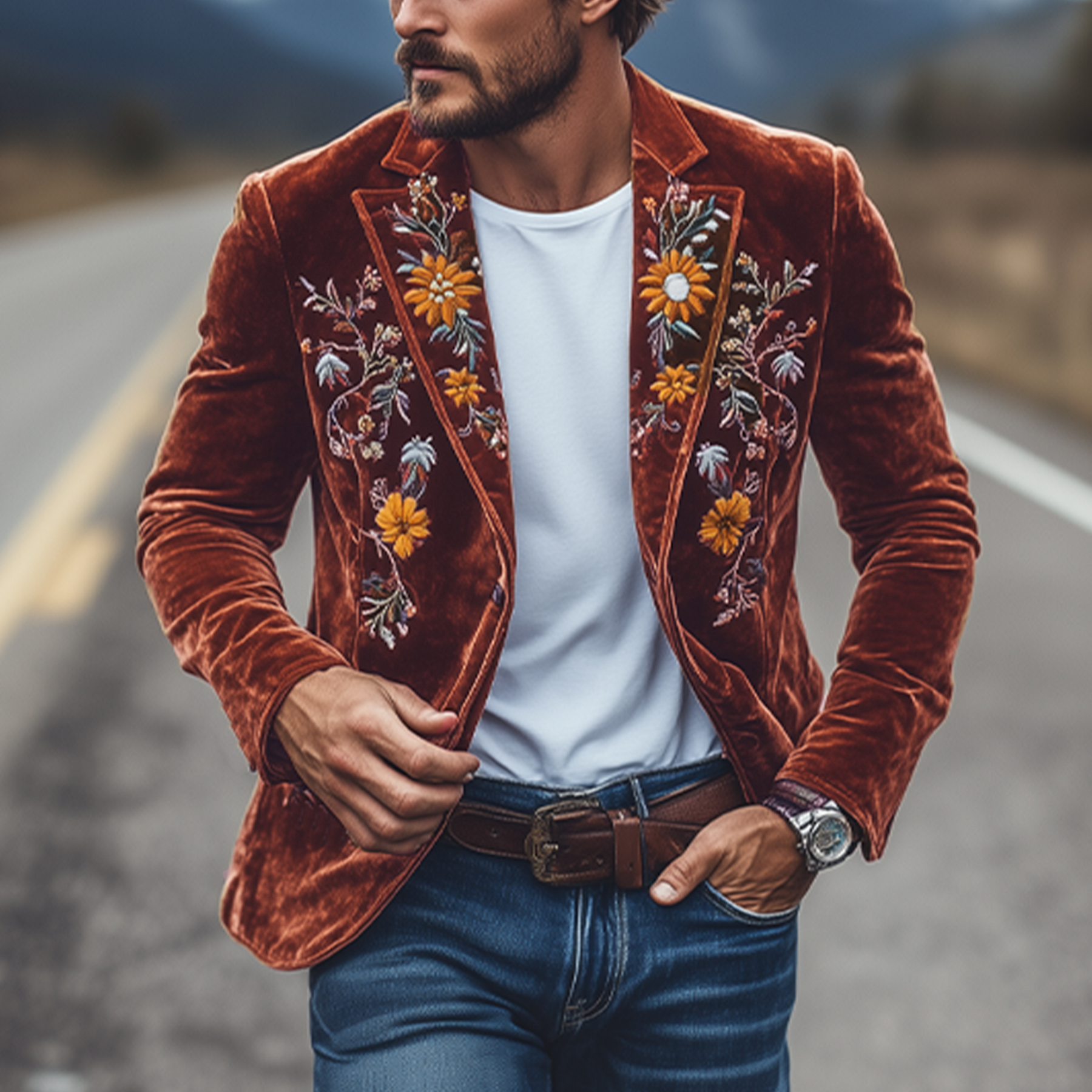 Men's Classic Retro Slim Fit Single Breasted Faux Velvet Embroidered B