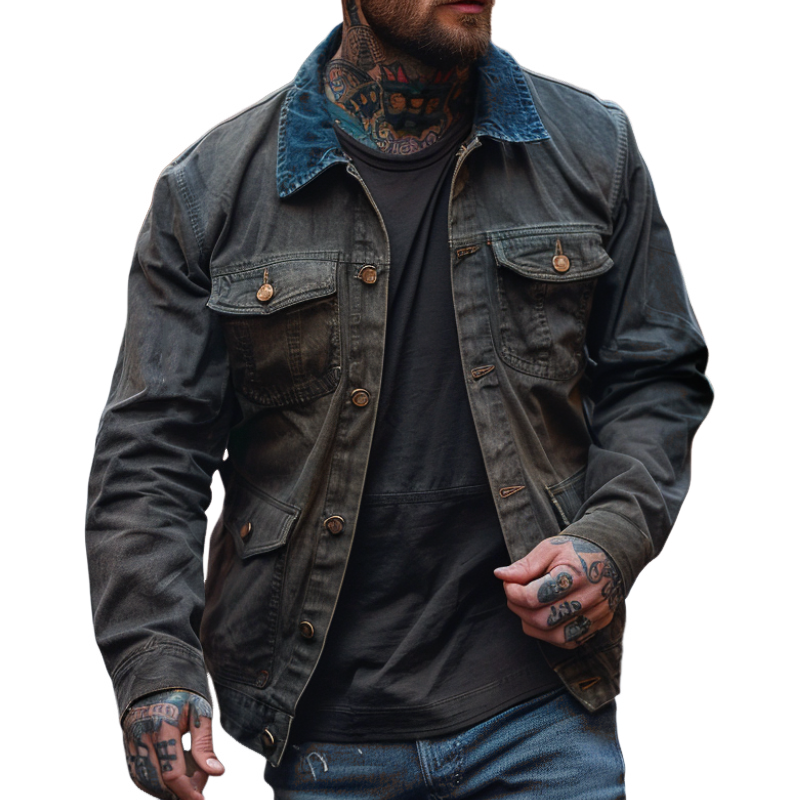 Men's Vintage Multi-Pocket Lapel Colorblock Denim Jacket 92436857F