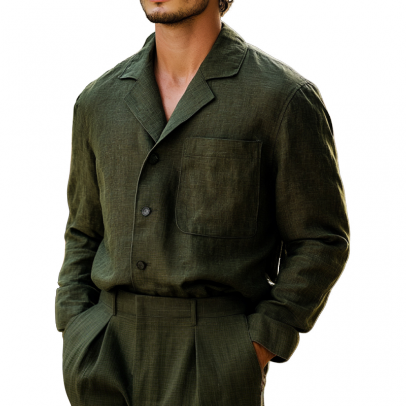 Men's Casual Breathable Linen Notched Lapel Patch Pocket Loose Long Sl