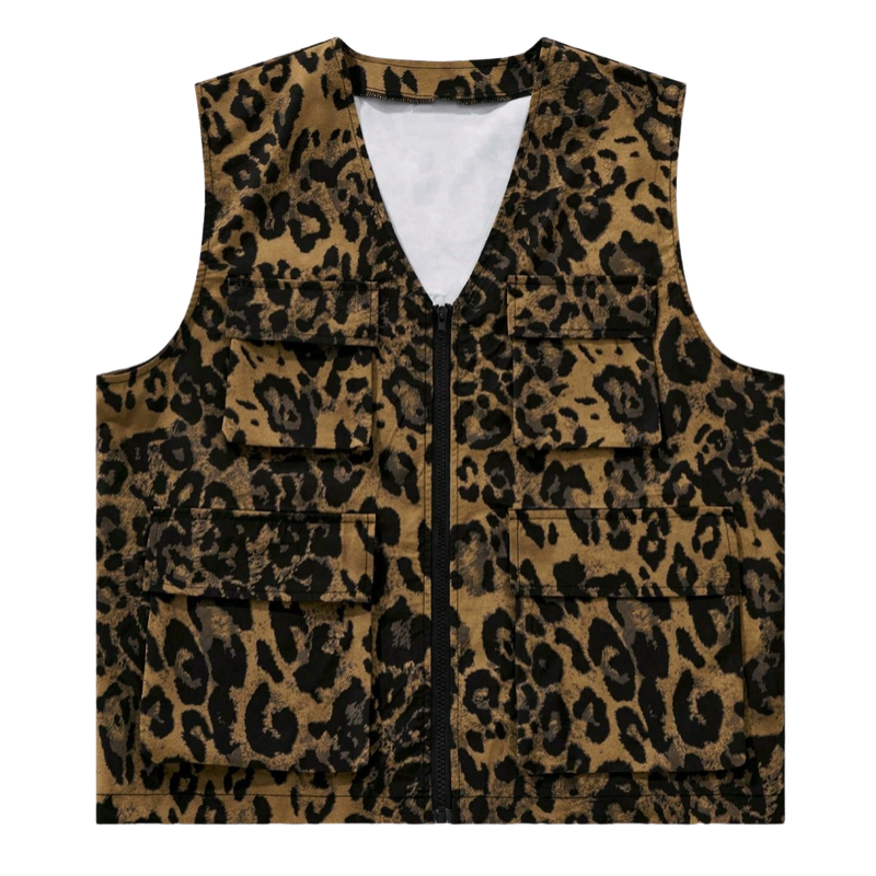 Men's Vintage Casual Multi-pocket Leopard Blend Zip-up Vest 91016619F