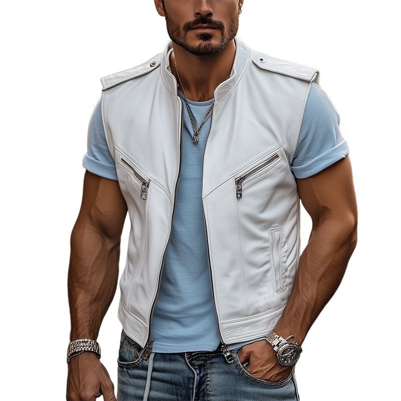 Men's Classic Retro American Casual Stand Collar Epaulette Leather Mot