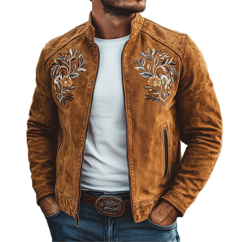 Men's Classic American Retro Western Embroidered Suede Jacket 44910769
