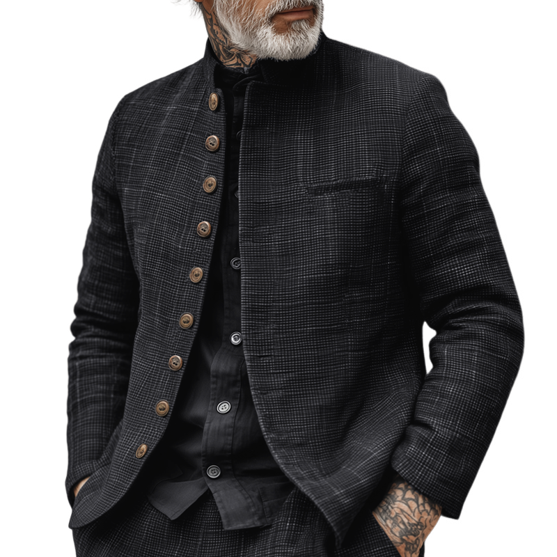 Men's Woven Textured Plaid Stand Collar Single-Breasted Jacket MTA2897