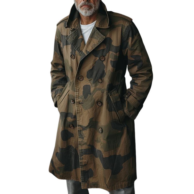 Men's Camouflage Lapel Double Breasted Mid-length Cargo Trench Coat 89