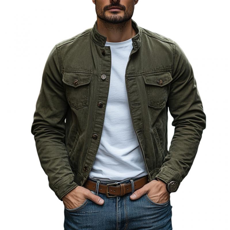 Men's Vintage Washed Denim Stand Collar Single Breasted Slim Fit Jacke