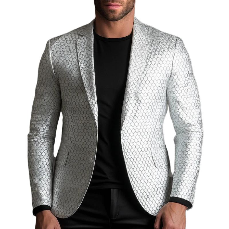 Men's Solid Color Lapel Two-button Fish Scale Pattern Leather Blazer 1