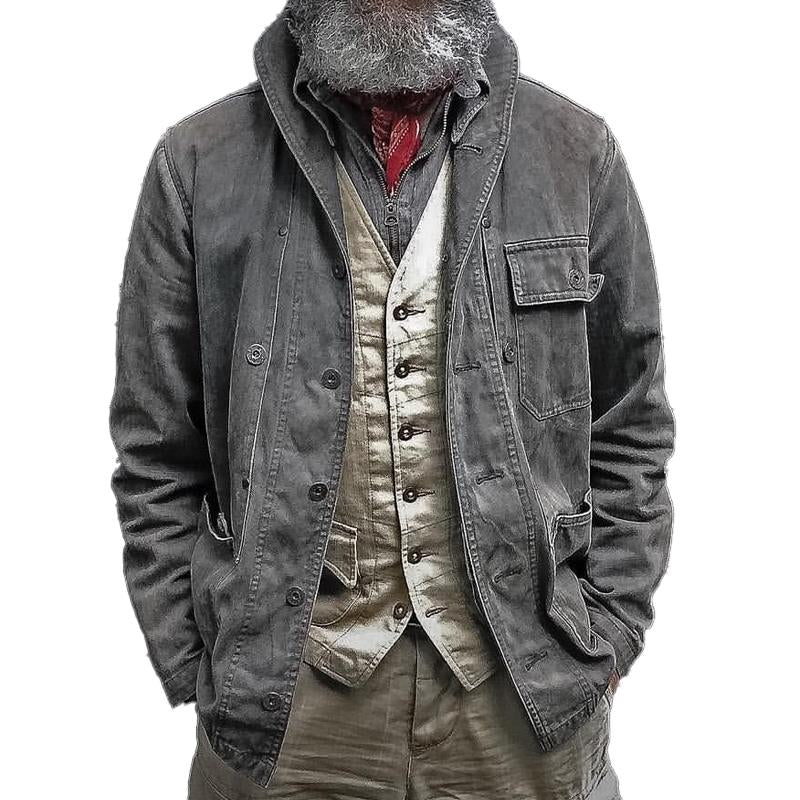 Men's Vintage Solid Multi-Pocket Denim Jacket 14680018X